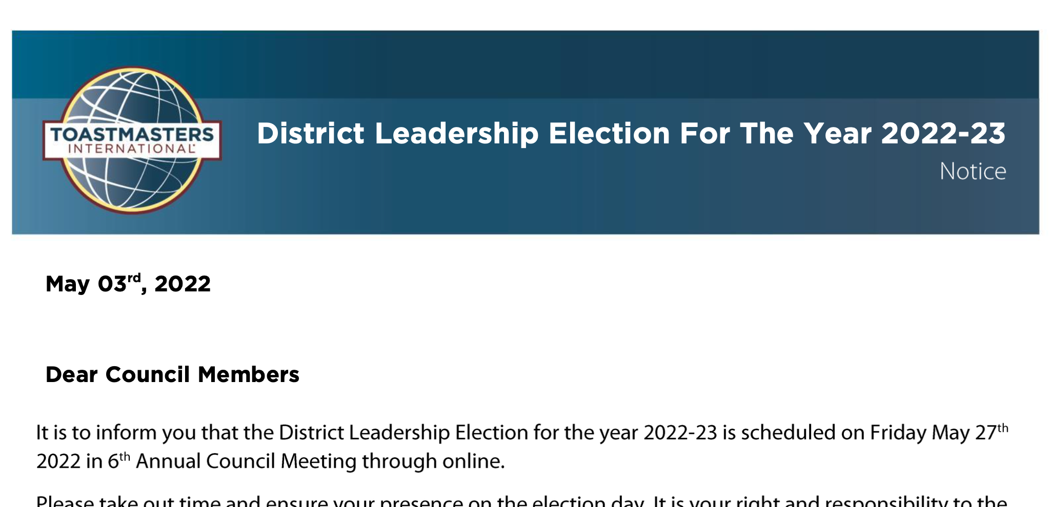 Notice of the District Leadership Election 2022-23 - Toastmasters ...
